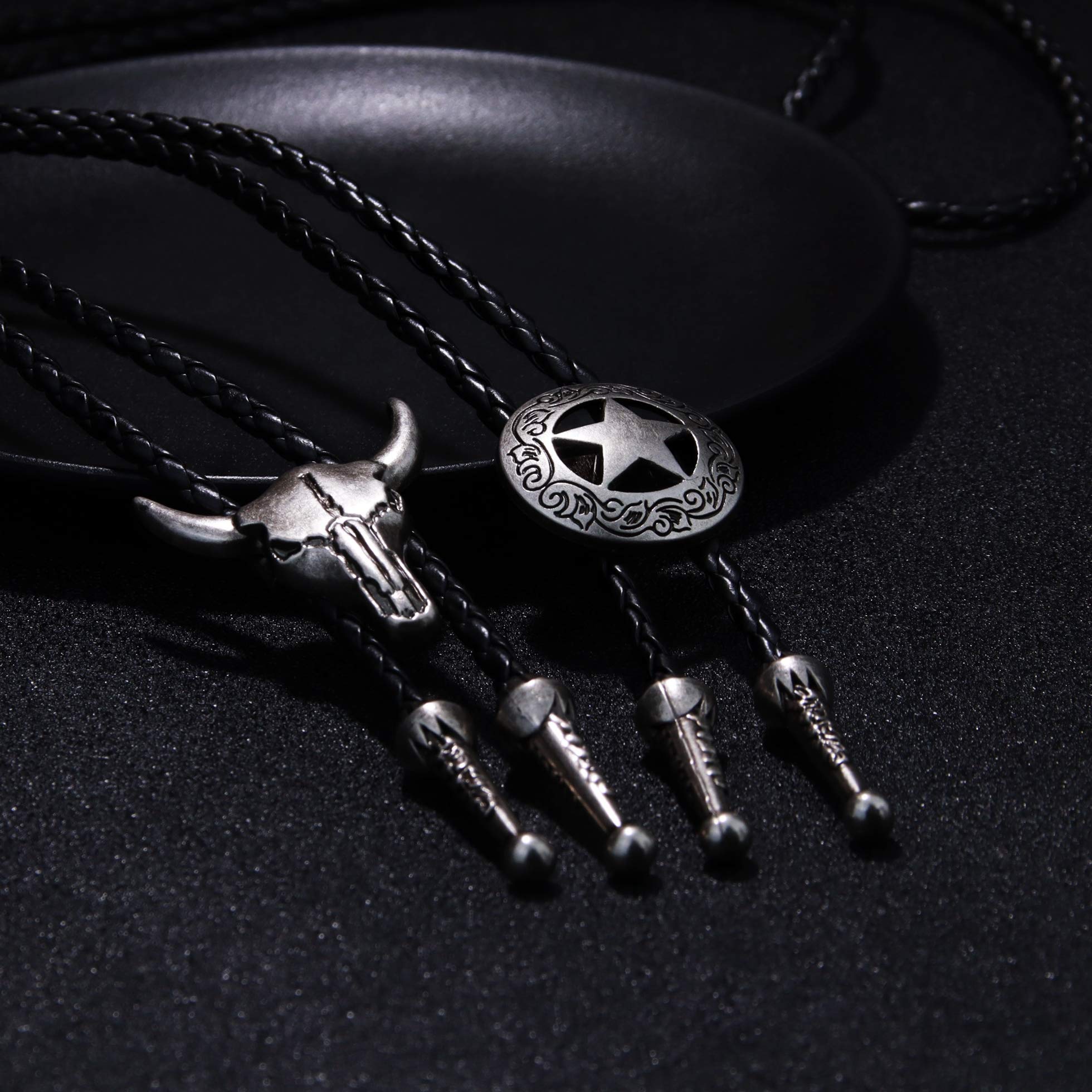 YADOCA 4Pcs Bolo Tie for Men Western Cowboy Leather Necktie Handmade Round Shape Bolo Tie Natural Star Halloween Costume Accessories for Men Women