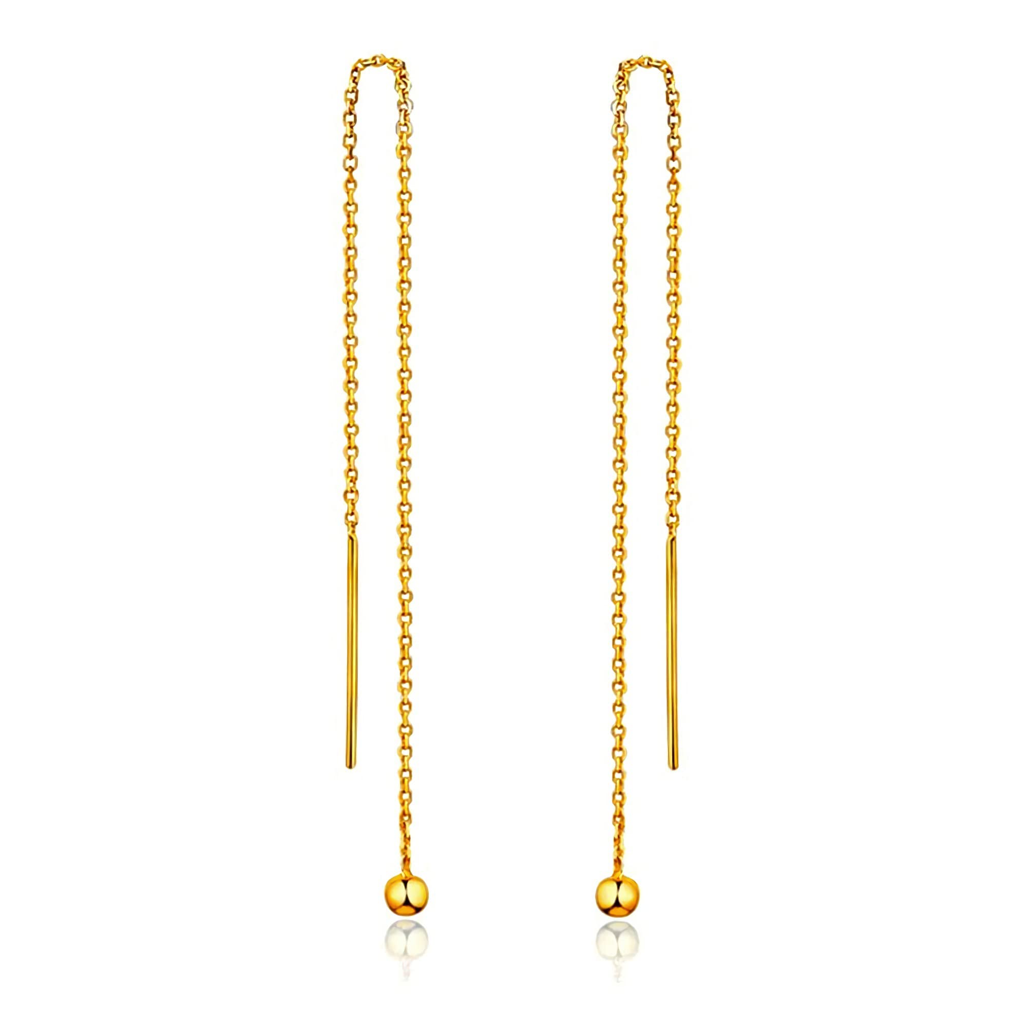 Solid 18k Gold Ball threader Earrings Dangle for Women Real Gold, Dainty Gold thin Earrings Tiny for Girls Lover, Pure Gold With Certificate Fine Bride Jewelry for Wedding Prom Party Birthday