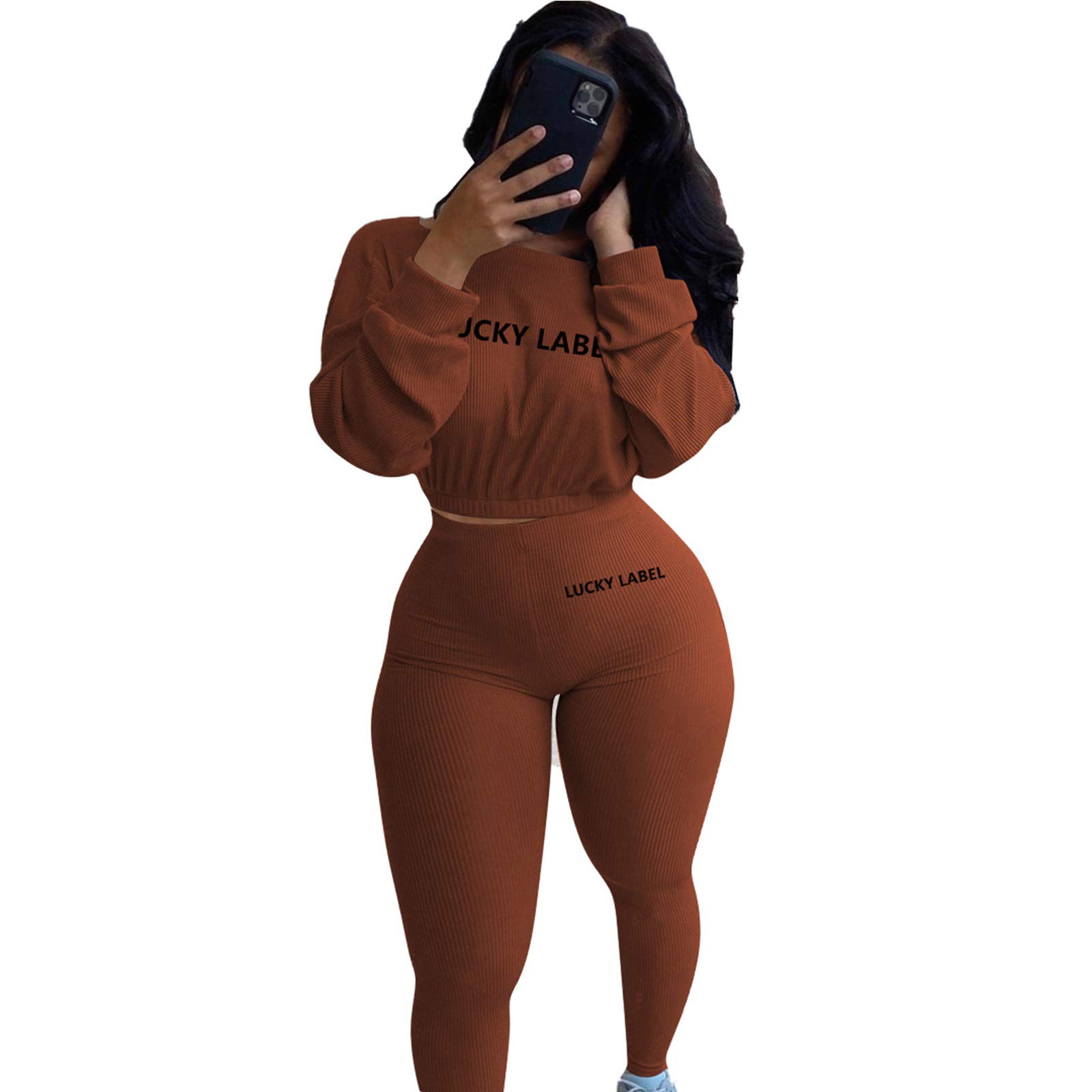 Women 2 Piece Outfits Sweatsuit Set Ribbed Long Sleeve Crop Top Bodycon Pants Tracksuit Jogger Set Black L