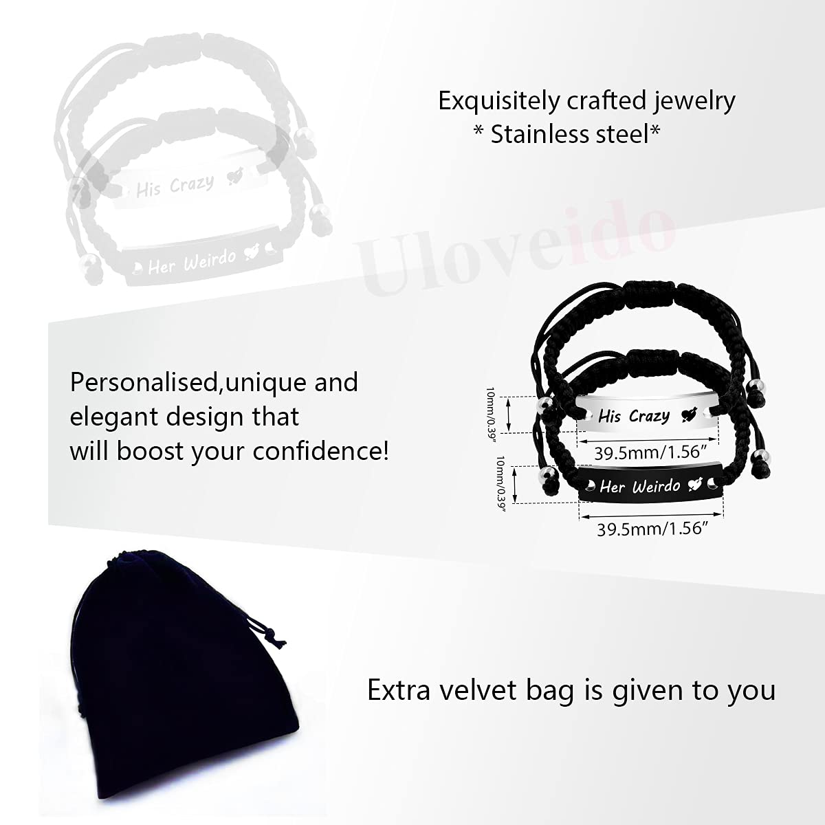Uloveido His Hers Couples Bracelets Crazy and Weirdo Matching Set Anniversary Promise Gifts Stainless Steel 2pcs Bracelet Set