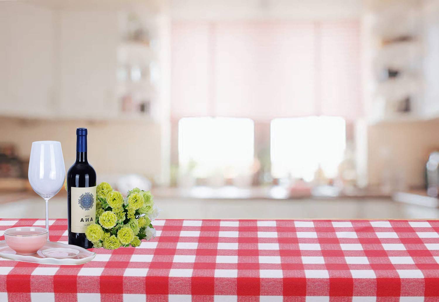 Waterproof Tablecloth Square, Red and White Checkered Plastic Table Cover, Vinyl with Flannel Backing for Dining Kitchen Picnic (54x54 inch)