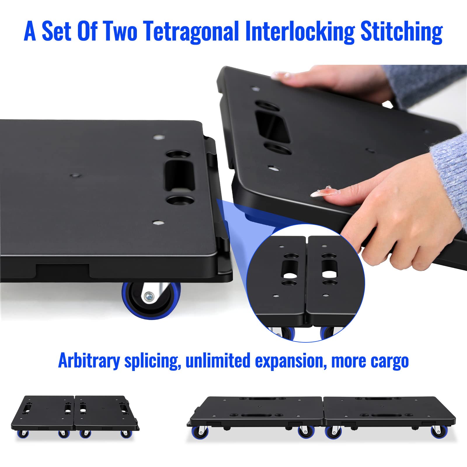 Uholan Flatbed Dolly Can Connected Two Pcs One Set Household Portable Mobile Dolly Infinite Rotary Flat Handtruck Mobile Furniture Load 220lb Black ,Blue Wheel (Blue wheel)