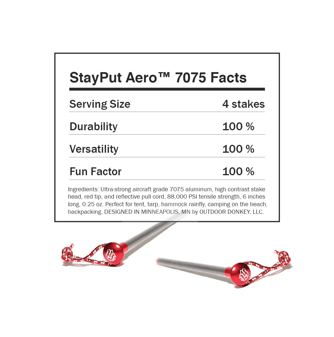 StayPut! Aero 7075 Lightweight Aluminum Anchor Peg Tent Stakes with Reflective Pull Cords for Hammock Camping and Backpacking (4-Pack, Titanium Gray & Red)