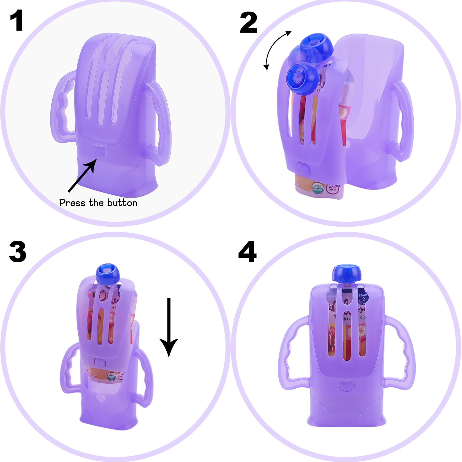 Squeeze Proof Holder for Food Pouches & Juice Boxes, Universal Multipurpose Design, Makes Baby More Fond of Self-Feeding, Prevent Messes, Food Safe (Purple)