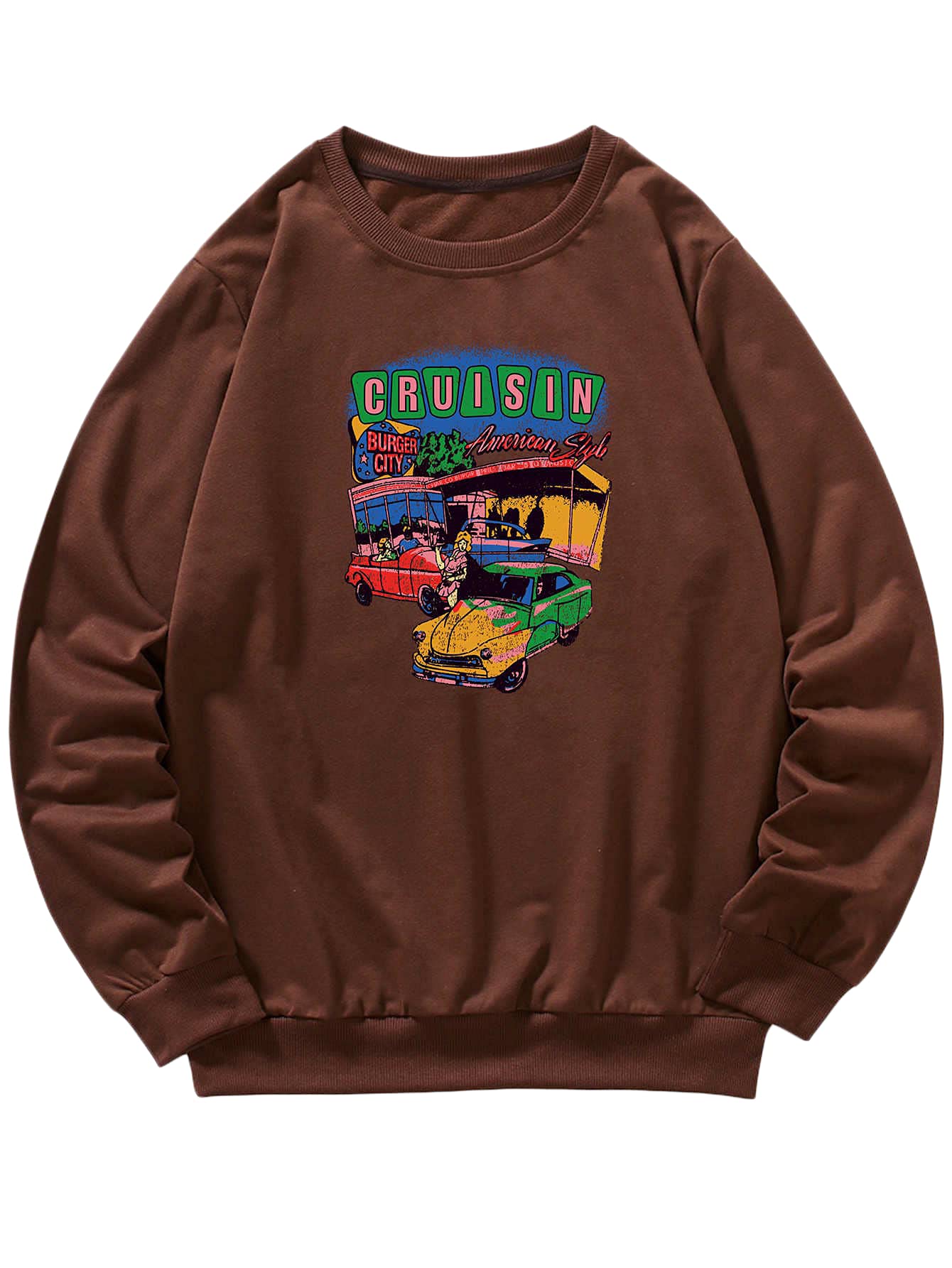 SOLY HUX Men's Letter Car Graphic Print Long Sleeve Pullover Top Sweatshirt Chocolate Brown L
