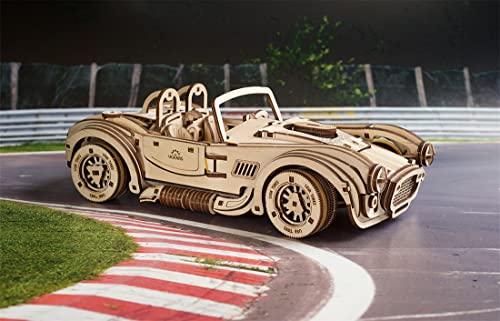 UGEARS Drift Cobra Racing Car Puzzle - Wooden 3D Puzzles for Adults Model Car Kit with Powerful Spring Motor - Retro Racing Car Model Building Kits Adult Puzzles - DIY Miniature Kit - 370 Pcs