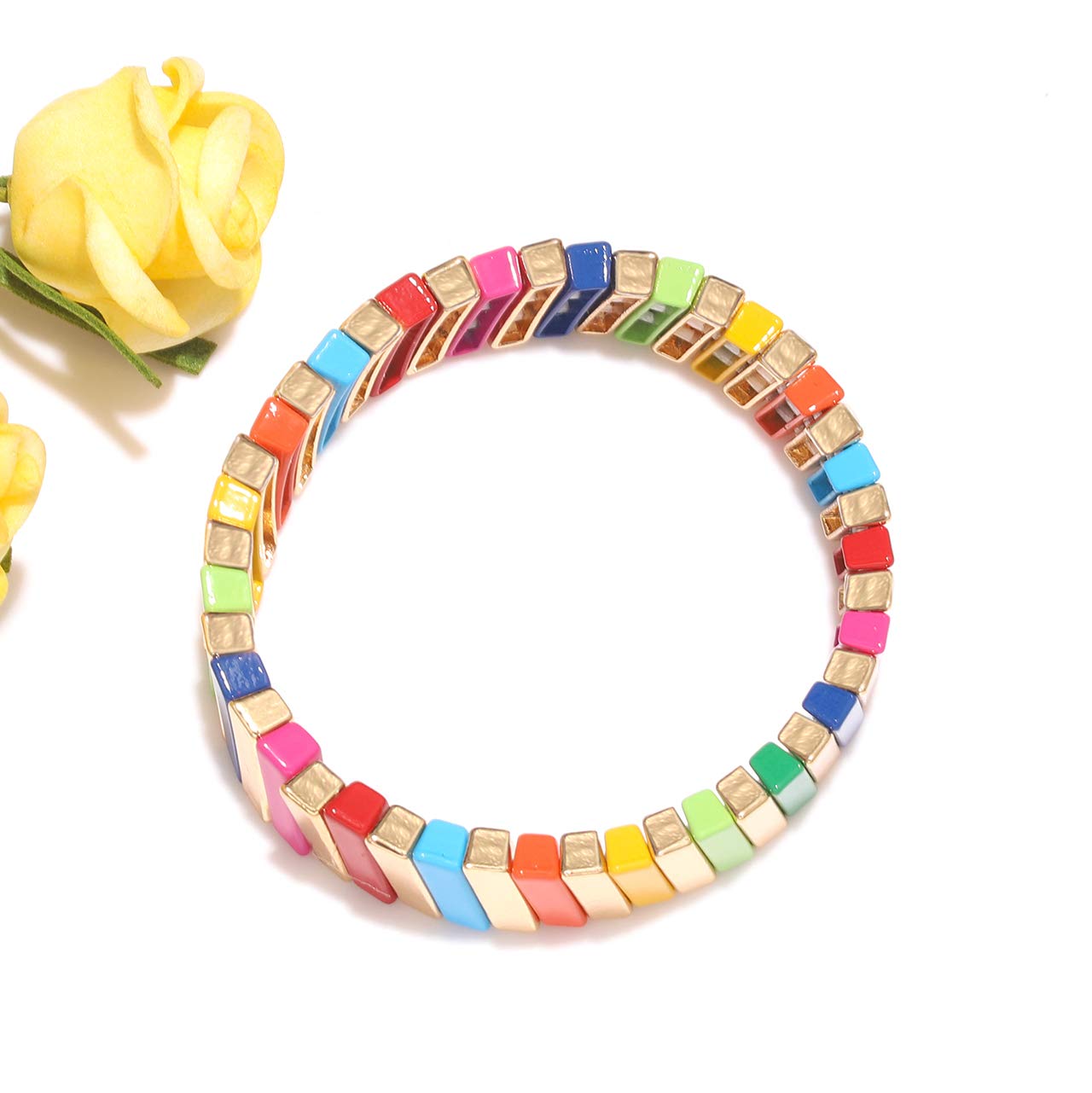 YAHPERN Enamel Tile Bracelet Set Multicolor Rainbow Tila Elastic Stretch Bracelets Bohemian Colorblocks Beaded Stackable Bangle Bracelet For Woman (Style: A)