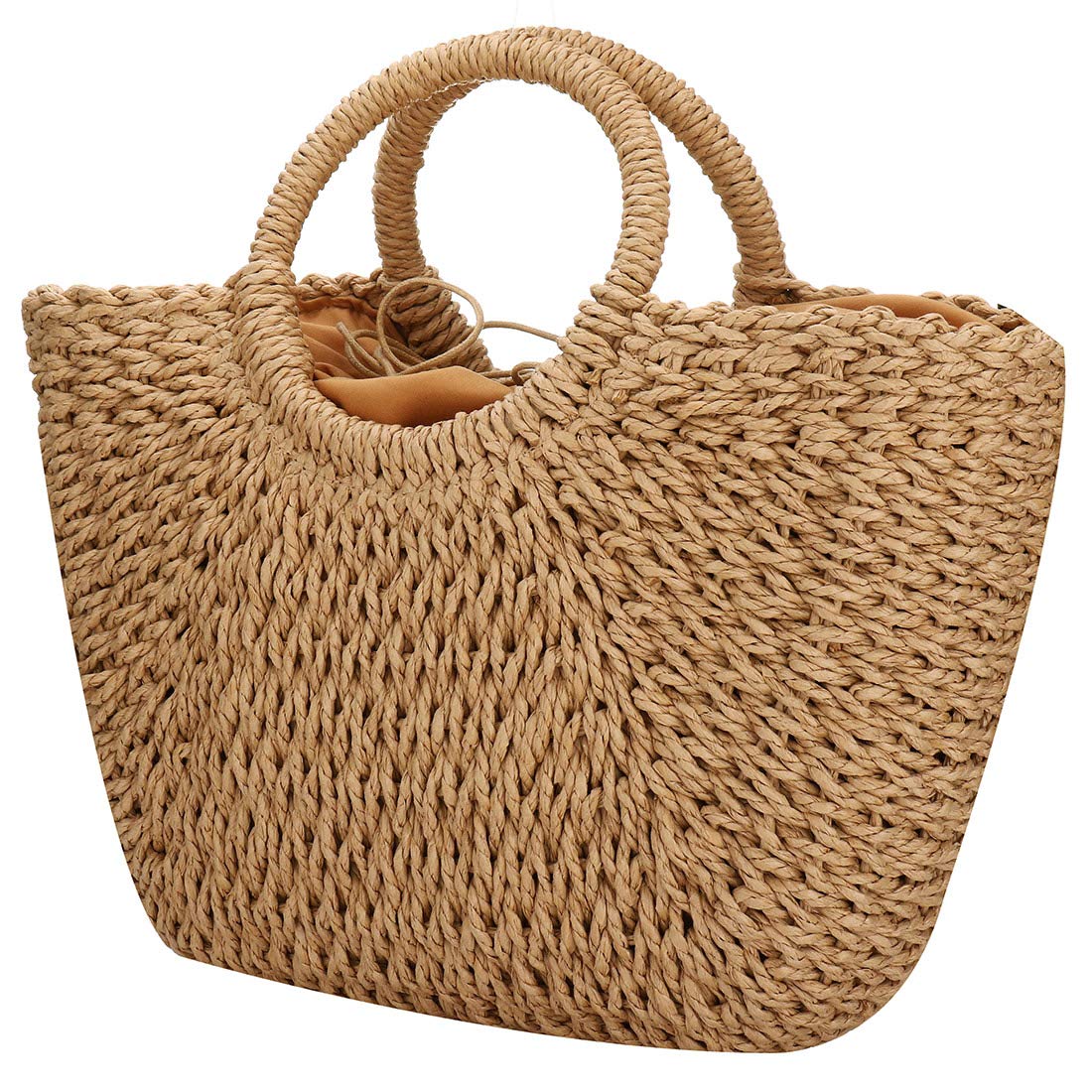 Women Large Straw Handbag Tote Rattan Bag, Summer Vintage Weave Round Beach Bag (Brown)