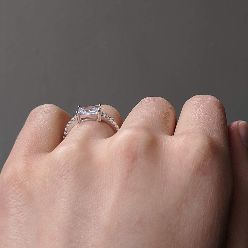 TwoBirch East West Baguette Cut Prong Set Engagement Ring in 18k White Gold Plated Sterling Silver and Cubic Zirconia (Size 8)
