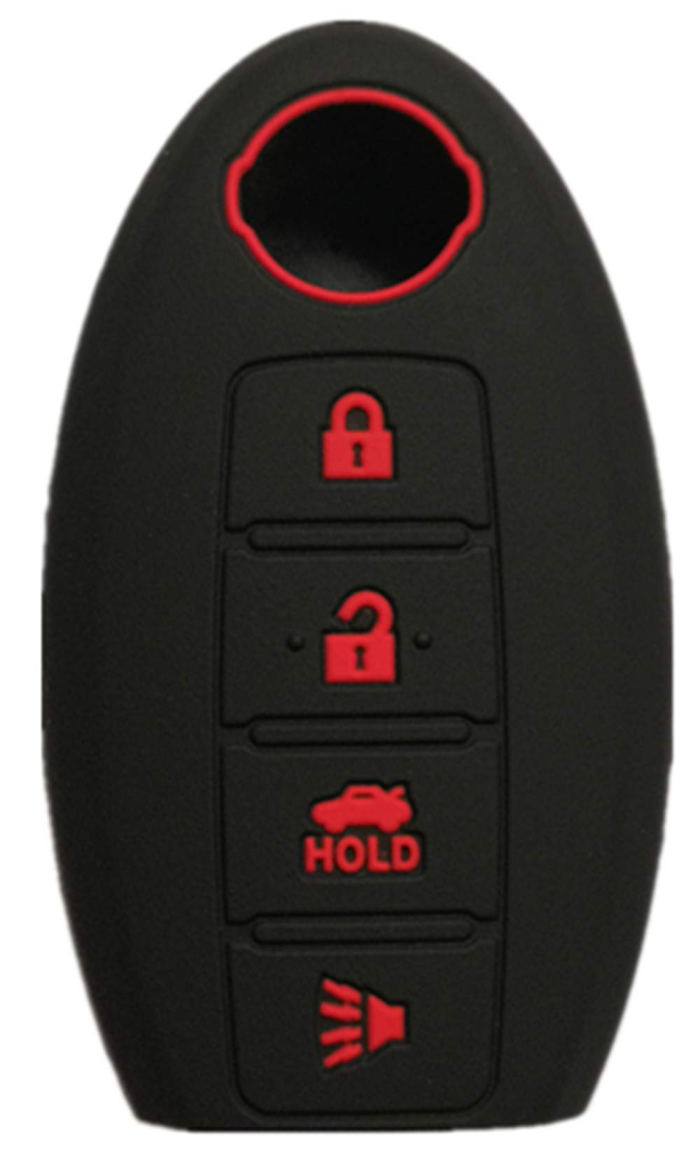 RUNZUIE Silicone Keyless Entry Remote Key Fob Cover Protector Compatible Fit for Nissan Teana Murano Maxima Pathfinder Rogue Versa 370Z Sentra Altima Black with Red 4 Buttons