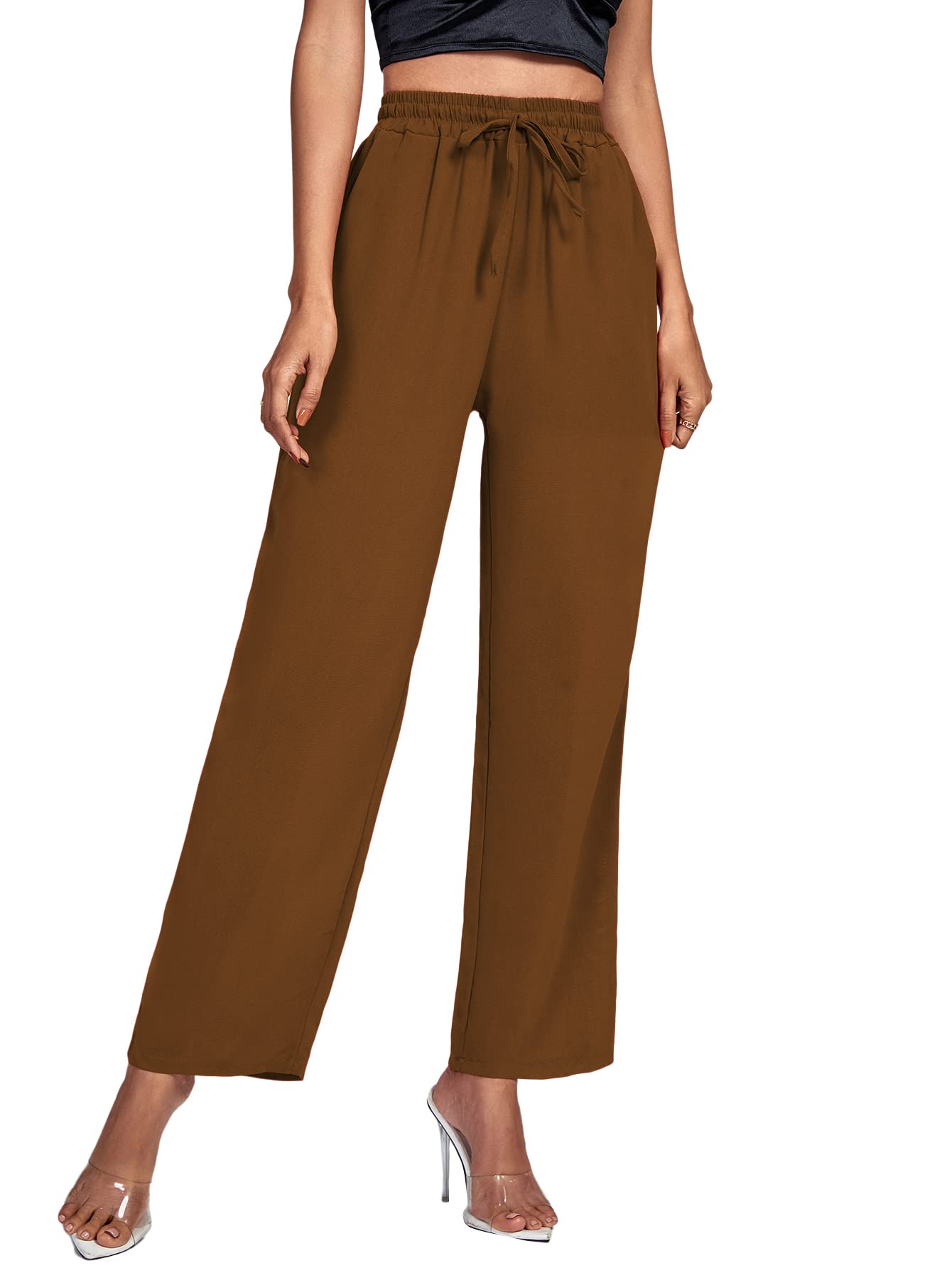 Umenlele Women's Casual Drawstring Elastic High Waist Pants Sport Yoga Jogger Trousers with Pockets Brown Large