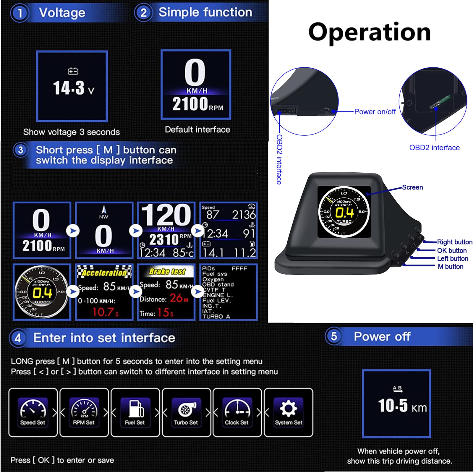 Geloo Car HUD Head Up Display, OBD2 HUD Display with OBDII GPS Dual System OBD2 Speedometer Gauge 8 Modes Multifunction Gauge Dashboard Display Smart Gauge can Installed Dashboard or A-Pillar Trim