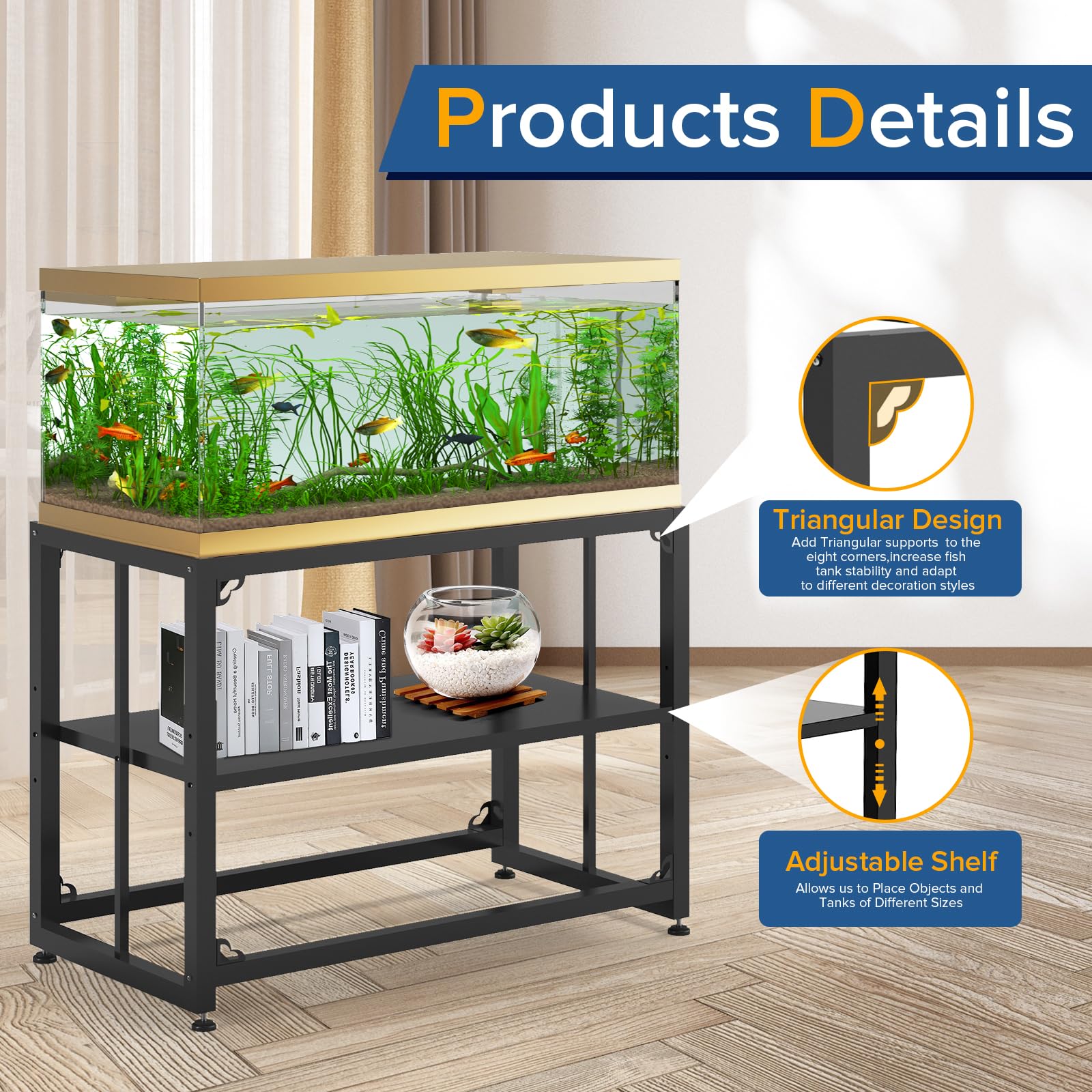 Tocretoare Fish Tank Stand 40 Gallon, Metal Aquarium Stand, Double-Layer Storage Design, Suitable for Home and Office Use, 660LBS Capacity, Black (Tank not Included) (SKU000671)
