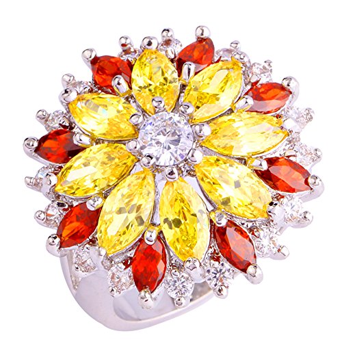 Veunora Silver Plated Created Citrine Cubic Zirconia Filled Flower Cluster Ring for Women Size 10