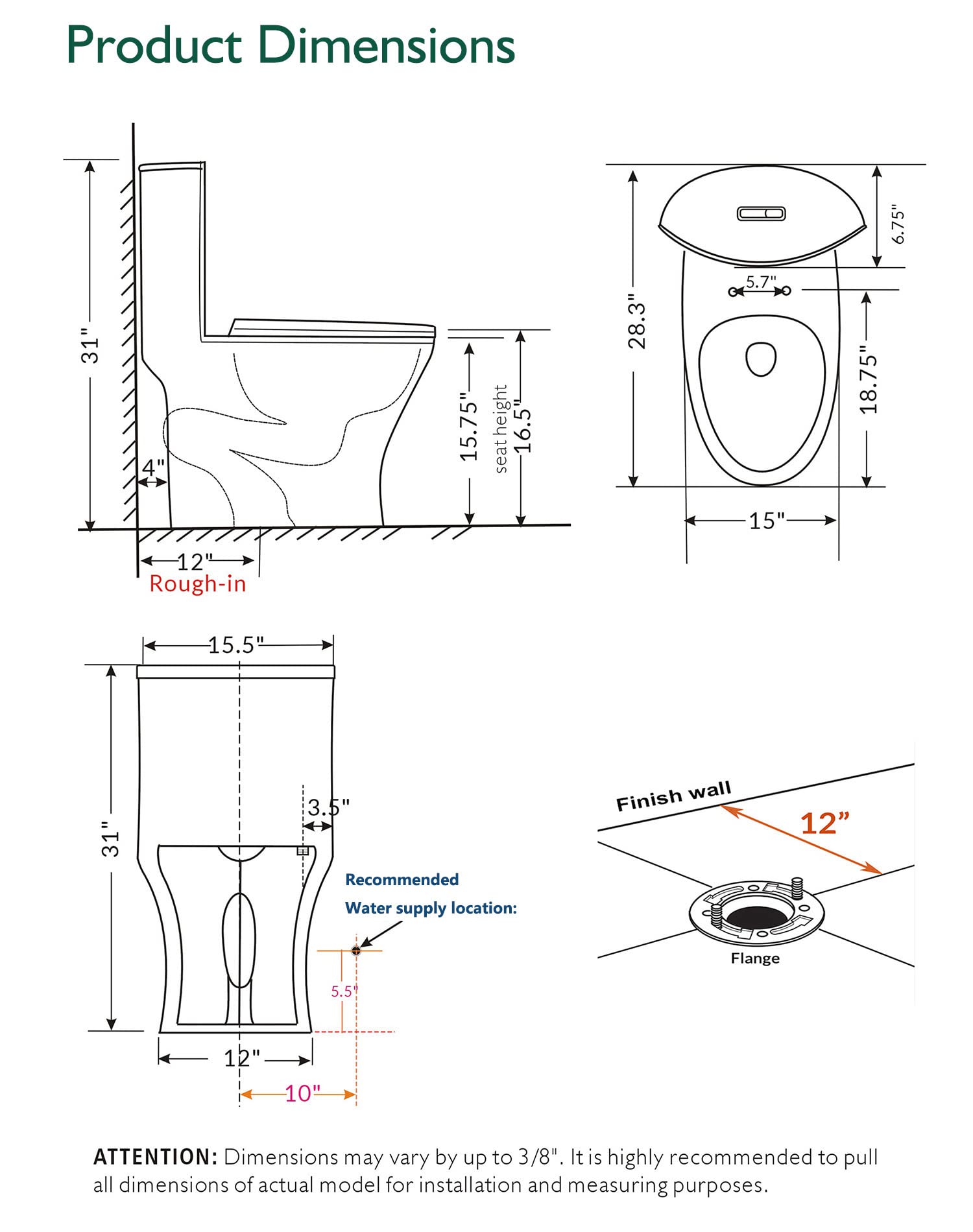 WinZo Elongated One Piece Toilet 3-in Dual Flush with Soft Closing Seat For Modern Bathroom,White (5020)