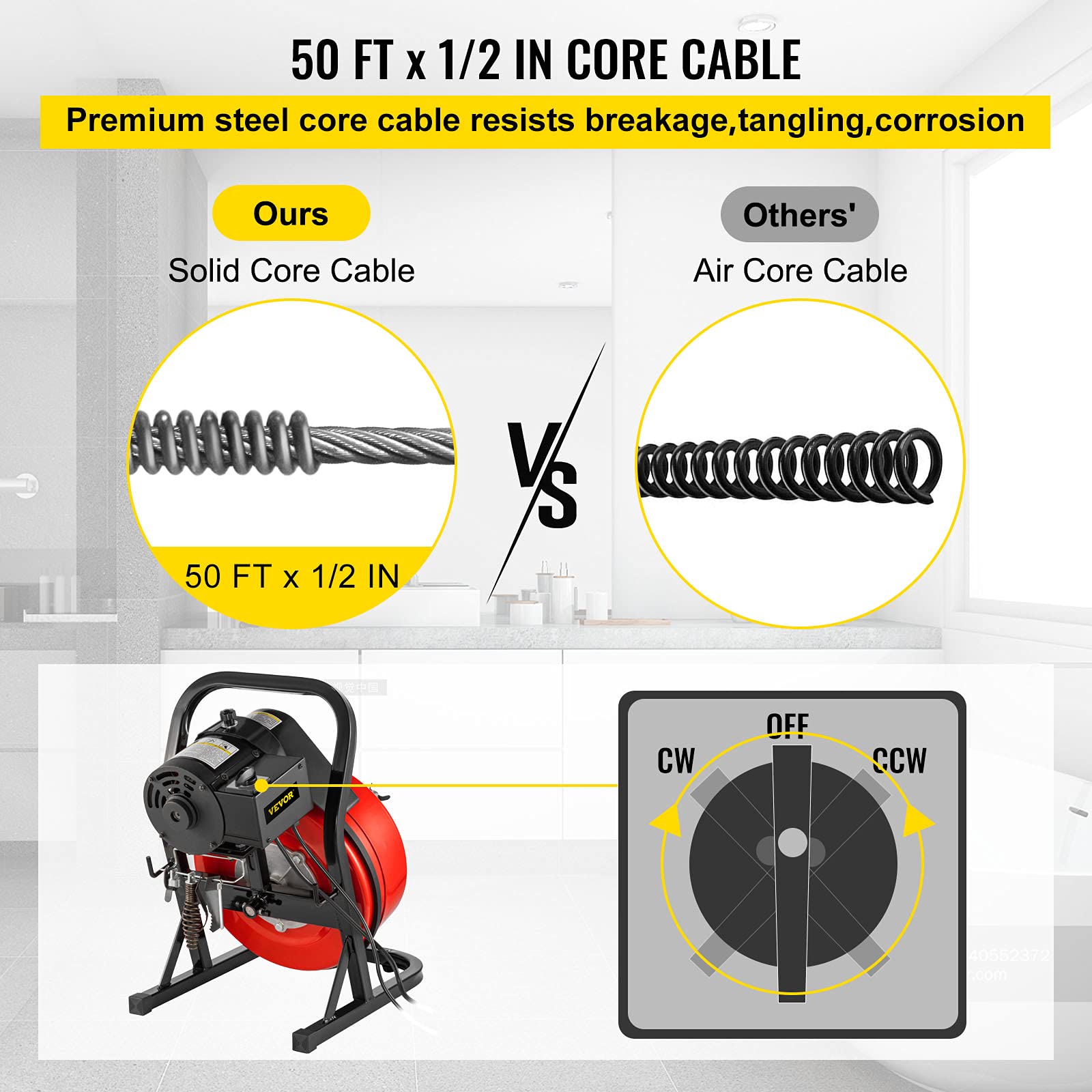 VEVOR Drain Cleaner Machine 50FTx1/2Inch, Sewer Snake Machine with 4 Cutter & Foot Switch, Electric Drain Auger for 2" to 4" Pipesā¦