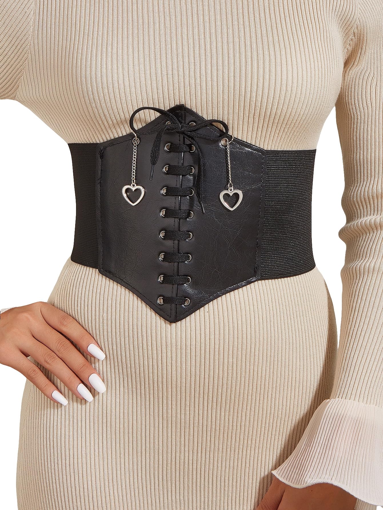 Verdusa Women's Costume Belt Vintage Lace Up Wide Waistband PU Leather Punk Corset Metal Heart Black M