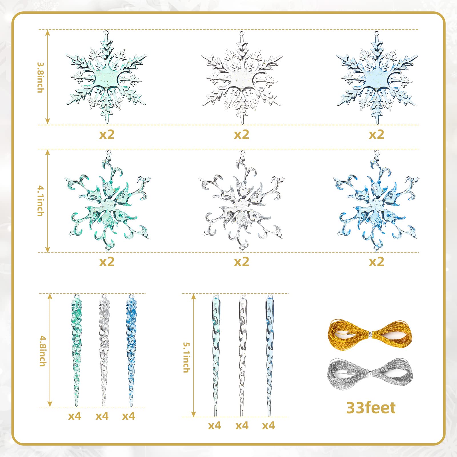 VGOODALL Christmas Snowflake Decorations, 36pcs Icicles Ornaments Set Clear Snowflake Acrylic Christmas Ornaments for Santa Outdoor Party Decoration Craft Projects