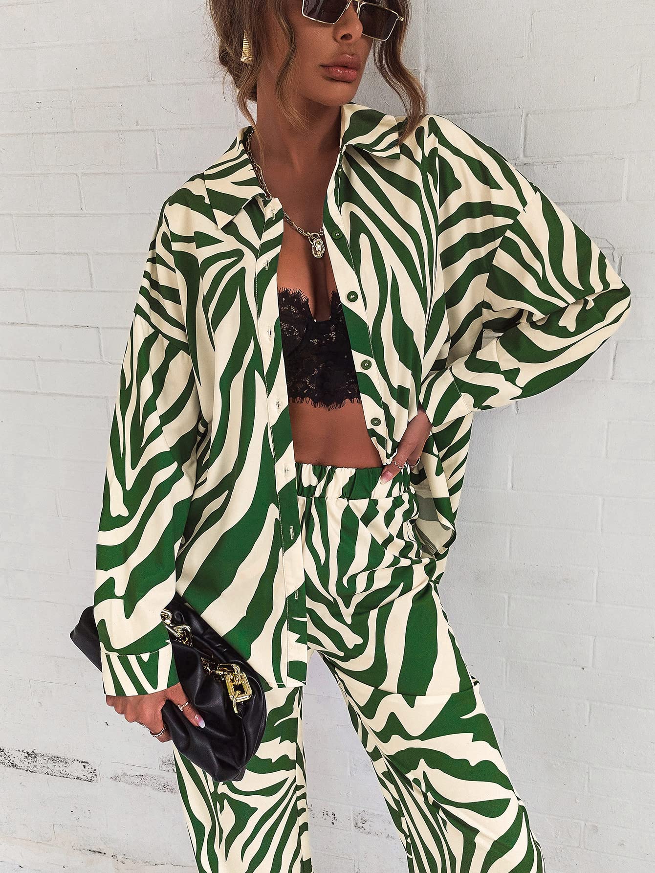 WDIRARA Women's Zebra Print Button Drop Shoulder Long Sleeve Blouse and Pants 2 Piece Outfit Set Teal Blue and White M