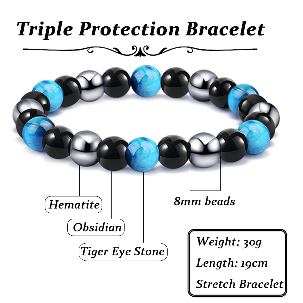 SOOWOOT 2-4Pcs Triple Protection Bracelet - Tiger Eye & Obsidian & Hematite Triple Bracelet Bring Protect Good Luck and Prosperity for Men Women