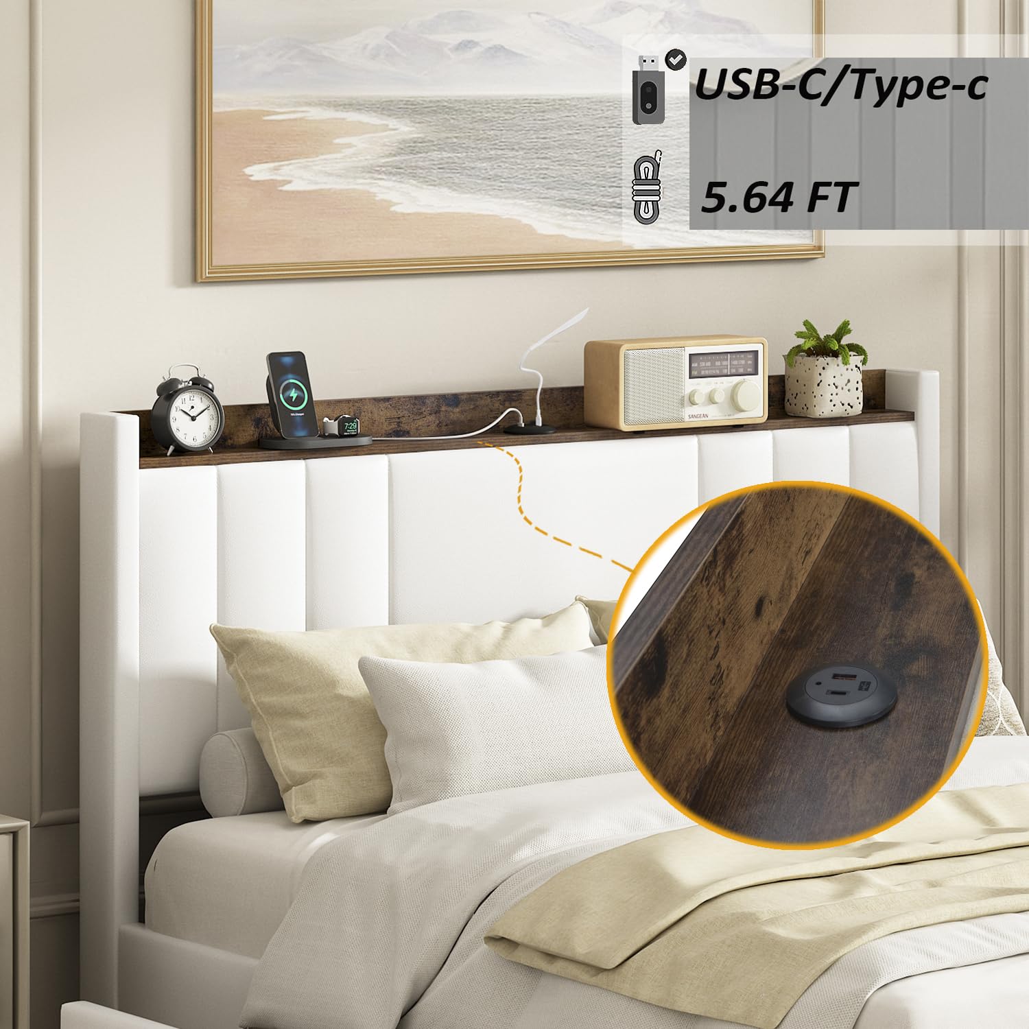 WII UWILL Bed Frame with USB Ports, Upholstered Platform Bed with Drawers, Noise-Free, No Box Spring Needed, Easy Assembly (White,Queen, Type A)