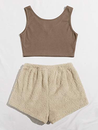Verdusa Women's Notched Tank Top & Tie Front Teddy Shorts Lounge Pajama Set Multicolored M