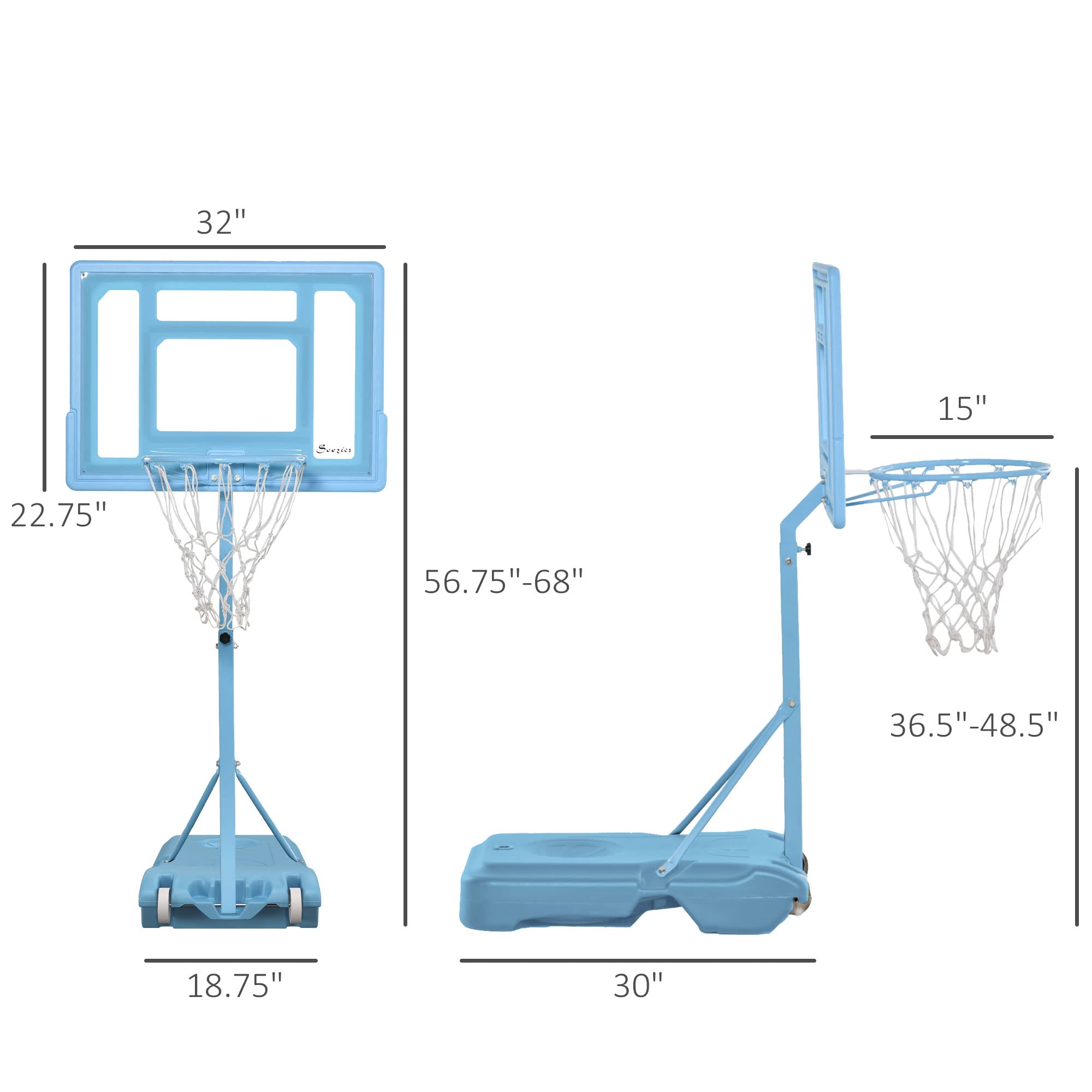 Soozier Poolside Basketball Hoop Stand, 36.5"-48.5" Height Adjustable Portable Hoop System w/Clear Backboard & Fillable Base for Whole Family, Blue, White
