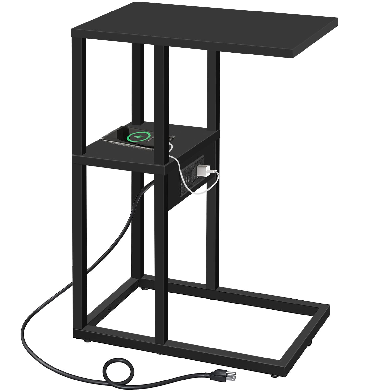 TUTOTAK Side Table with 2 USB Ports and Outlets, C Shaped End Table with Charging Station, Snack Table for Couch and Bed, Small Sofa Table for Small Spaces, Living Room, Bedroom, Greige TB01BG043