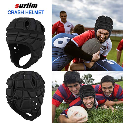 Surlim Rugby Soft Helmet Soccer Headgear Scrum Cap 7v7 Flag Football Headguard for Adult Large (Black)
