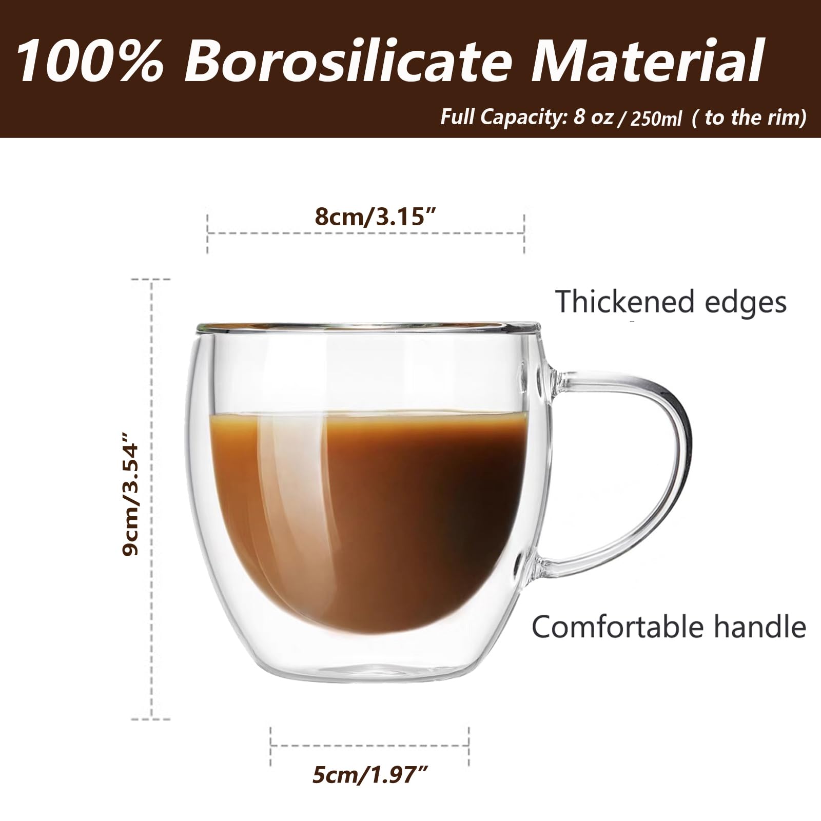 xiatnnxaa Insulated Glass Coffee Mug With Handle, 8 Ounce Clear Coffee Cup, 2 Pack Insulated Glass Espresso Mugs, Double Wall Coffee Mugs for Tea, Espresso, Cappuccino, Latte, Water Cold hot Beverages