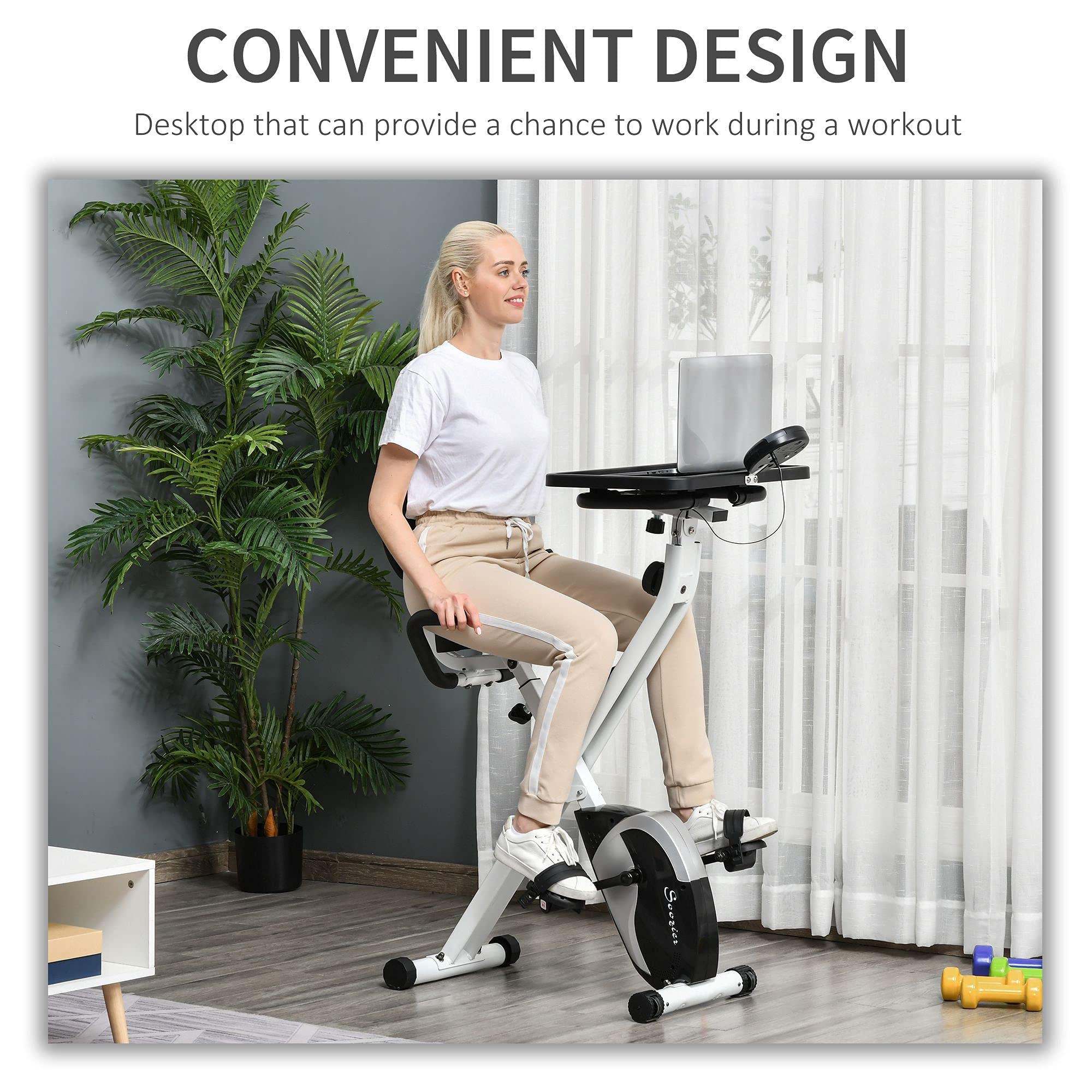 Soozier Stationary Exercise Bike with Adjustable Desktop, Seat Height and Resistance, 3lb Flywheel and Foldable Space-Saving Design, White