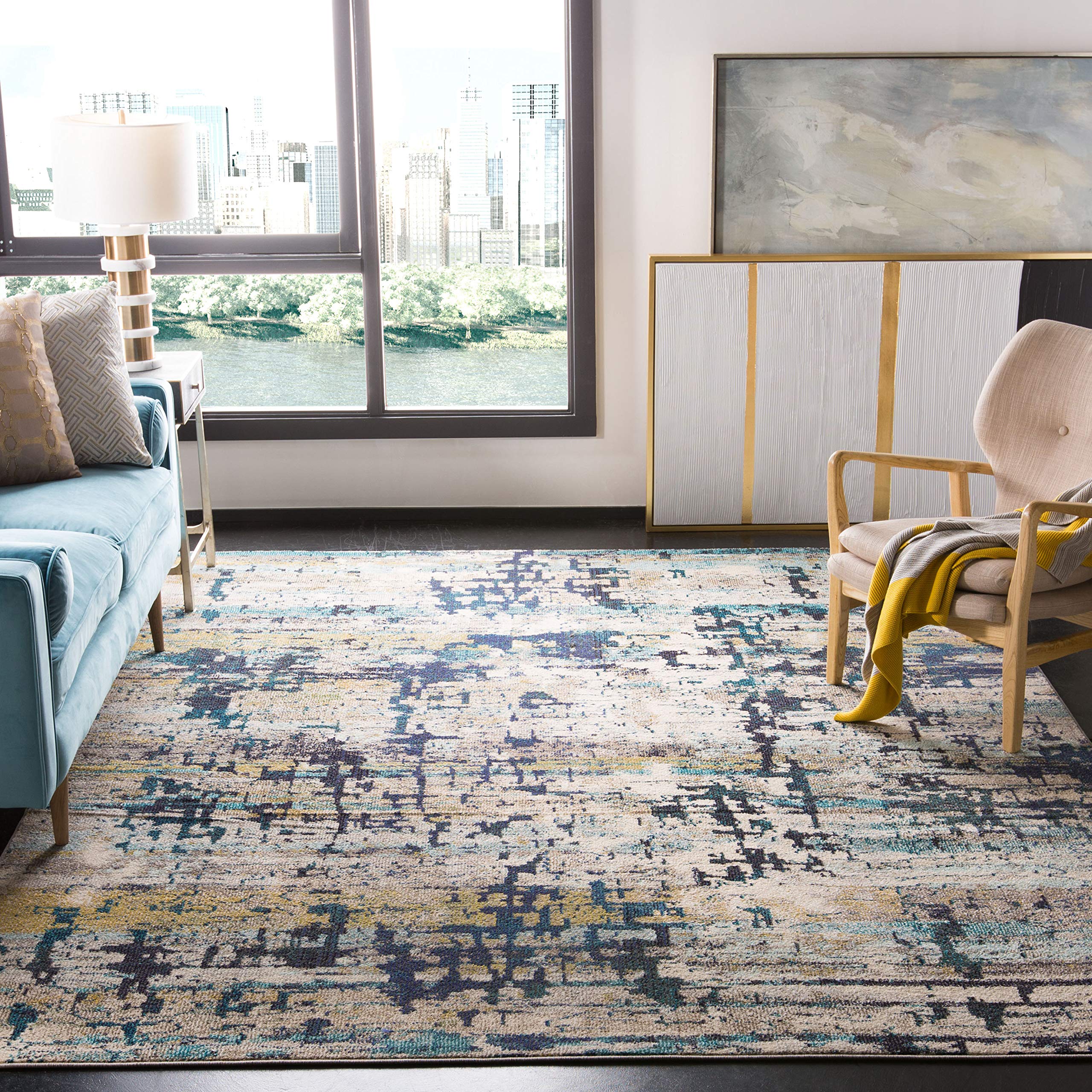 SAFAVIEH Madison Collection 9' x 12' CreamBlue MAD469B Modern Abstract Non-Shedding Living Room Bedroom Dining Home Office Area Rug