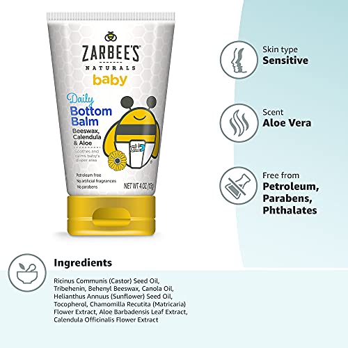 Zarbee's Naturals Baby Daily Bottom Balm with Beeswax, Calendula & Aloe, 4 Ounce