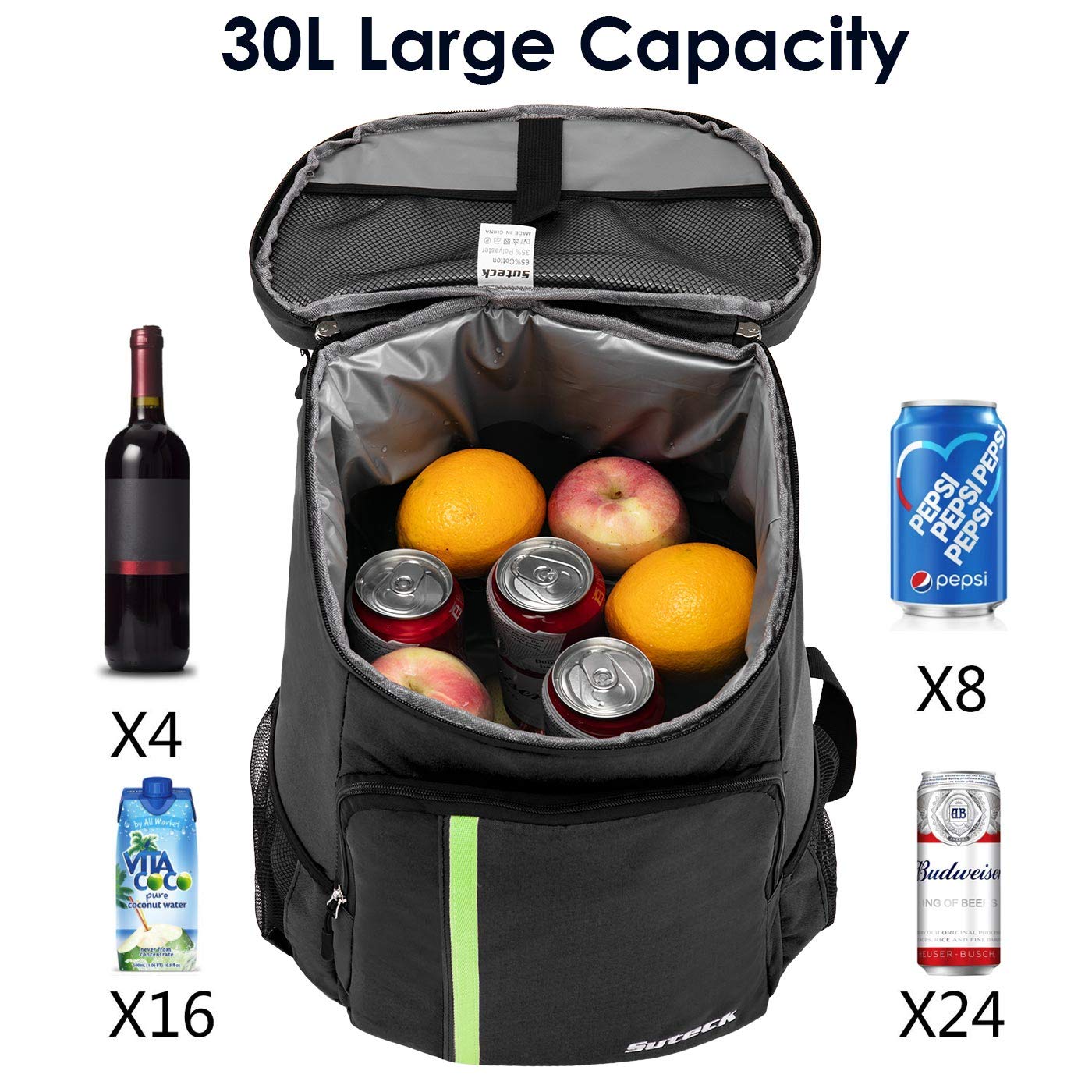 Suteck 40 Cans Insulated Cooler Backpack, Leakproof Lightweight Soft Cooler Bag Backpack 34L Large Capacity for Men Women to Lunch Picnic Hiking Camping Beach Park Day Trips (Black)