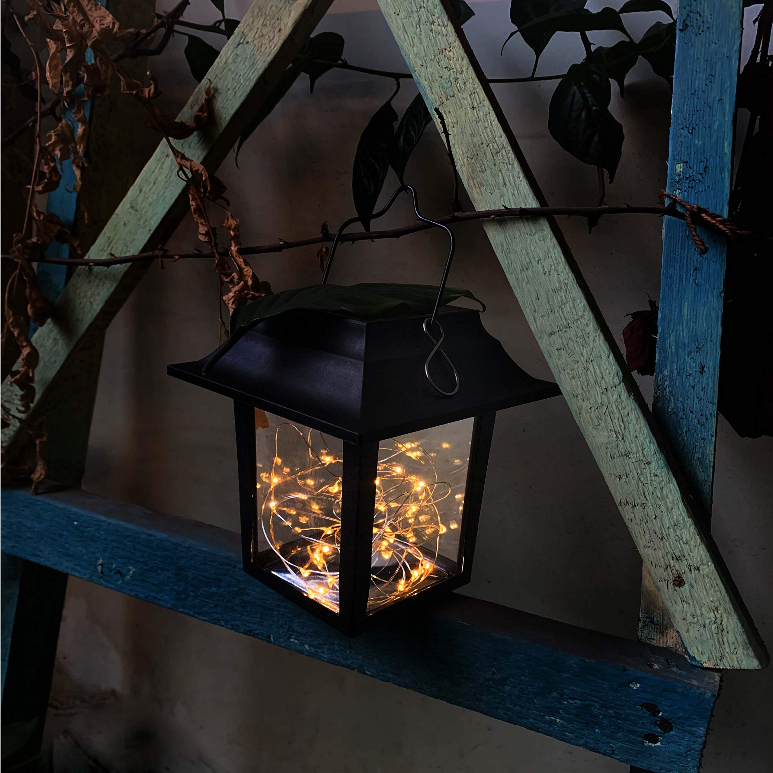 Solar Outdoor Lantern, Waterproof Hanging Solar Lantern with Fairy Copper String Lights for Patio, Garden, Lawn, Pathway (Warm White)