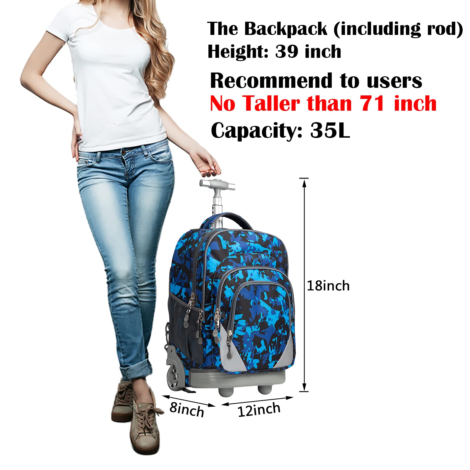 WEISHENGDA 18 inches Wheeled Rolling Backpack for Adults and School Students Short Trip Books Laptop Trolley Bags, Red Star