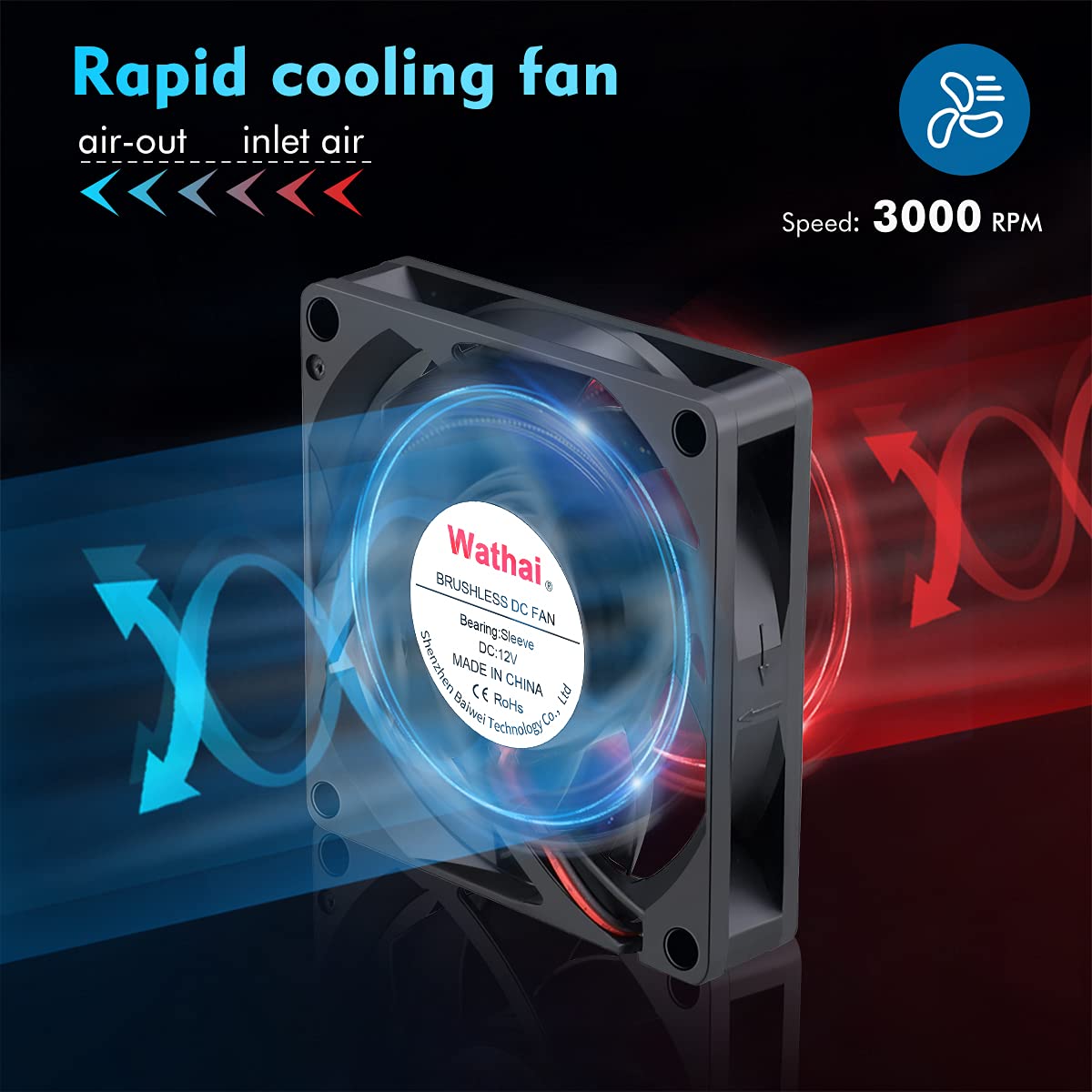 Wathai DC 12V Cooler Case Fan 70mm x 70mm x 15mm 2Pin Brushless Cooling Fan High Performance 2Pack