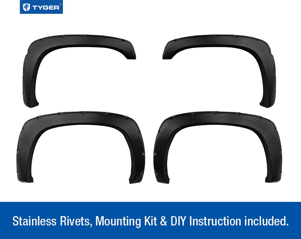 Tyger Auto Fender Flares Compatible with 1999-2006 Chevy Silverdo GMC Sierra 1500 2500 3500HD (Incl. 2007 Classic) Fleetside, Rough Textured Bolt-Riveted Style 4pc | TG-FF8C4057