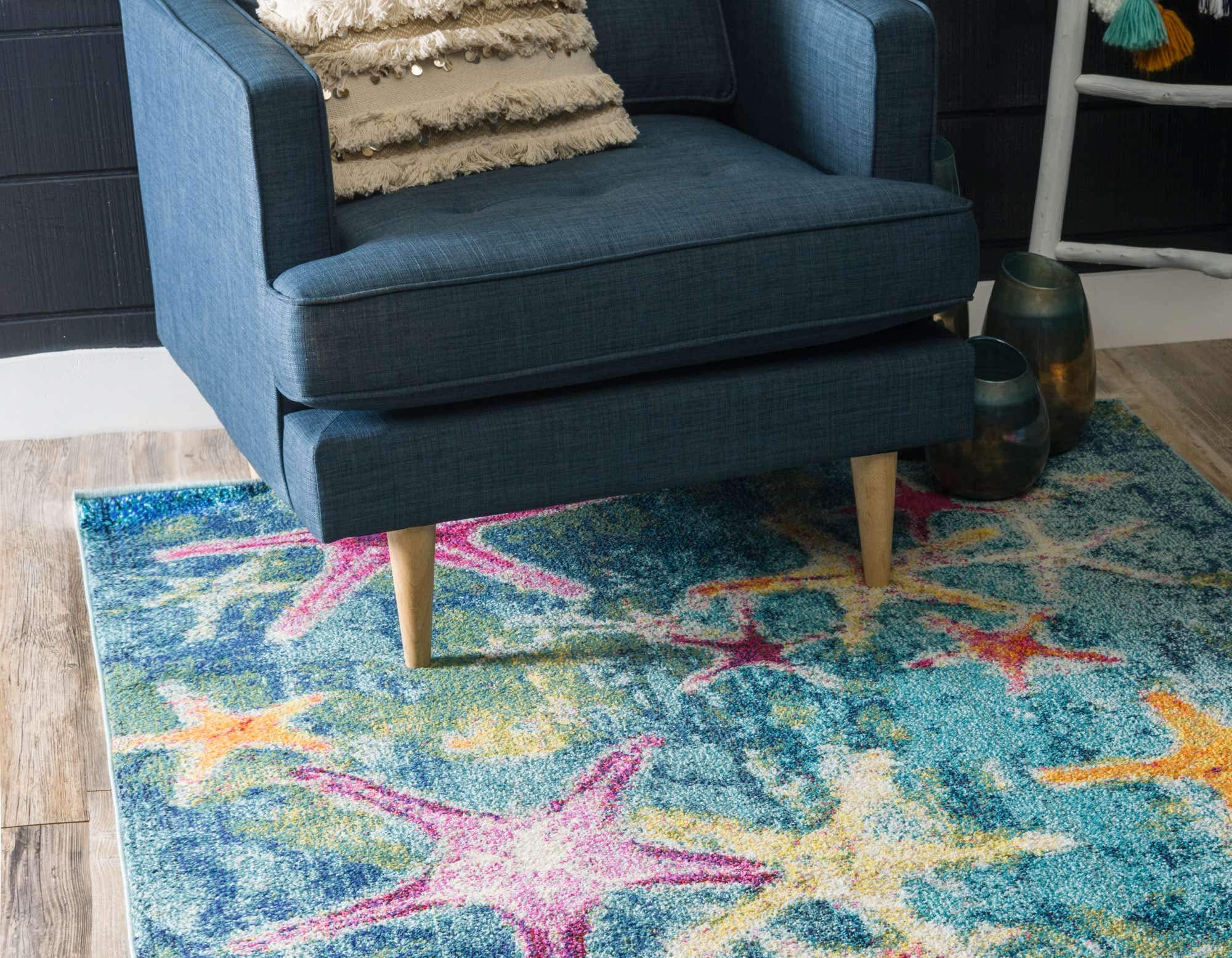 Unique Loom Positano Collection Coastal Modern Bright Colors Starfish Navy Blue Area Rug (5' x 8')