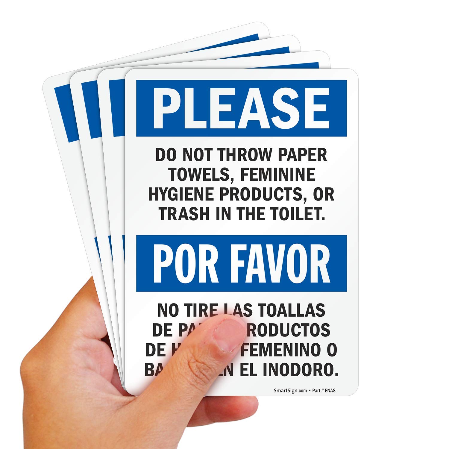 SmartSign 7 x 5" Do Not Throw Paper Towels, Feminine Hygiene Products, Trash in The Toilet Bilingual Sticker Labels Pack of 4, 5 mil Laminated Polyester with SuperStick Adhesive, Blue Black White