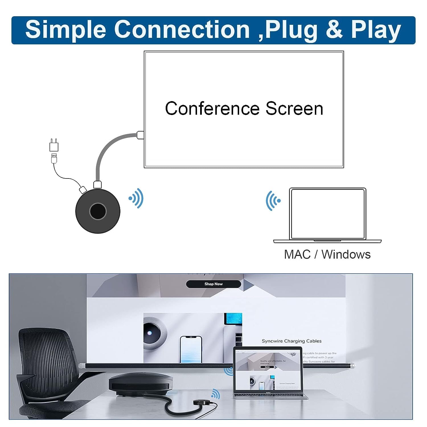 Topbuy Wireless HDMI Display Dongle Adapter, TV Adapter Used for Streaming Video/Audio from Laptop, PC, Smartphone to HDTV/Projector, No Setup,No Need APP, Support Android, iOS, Windows and MacOS