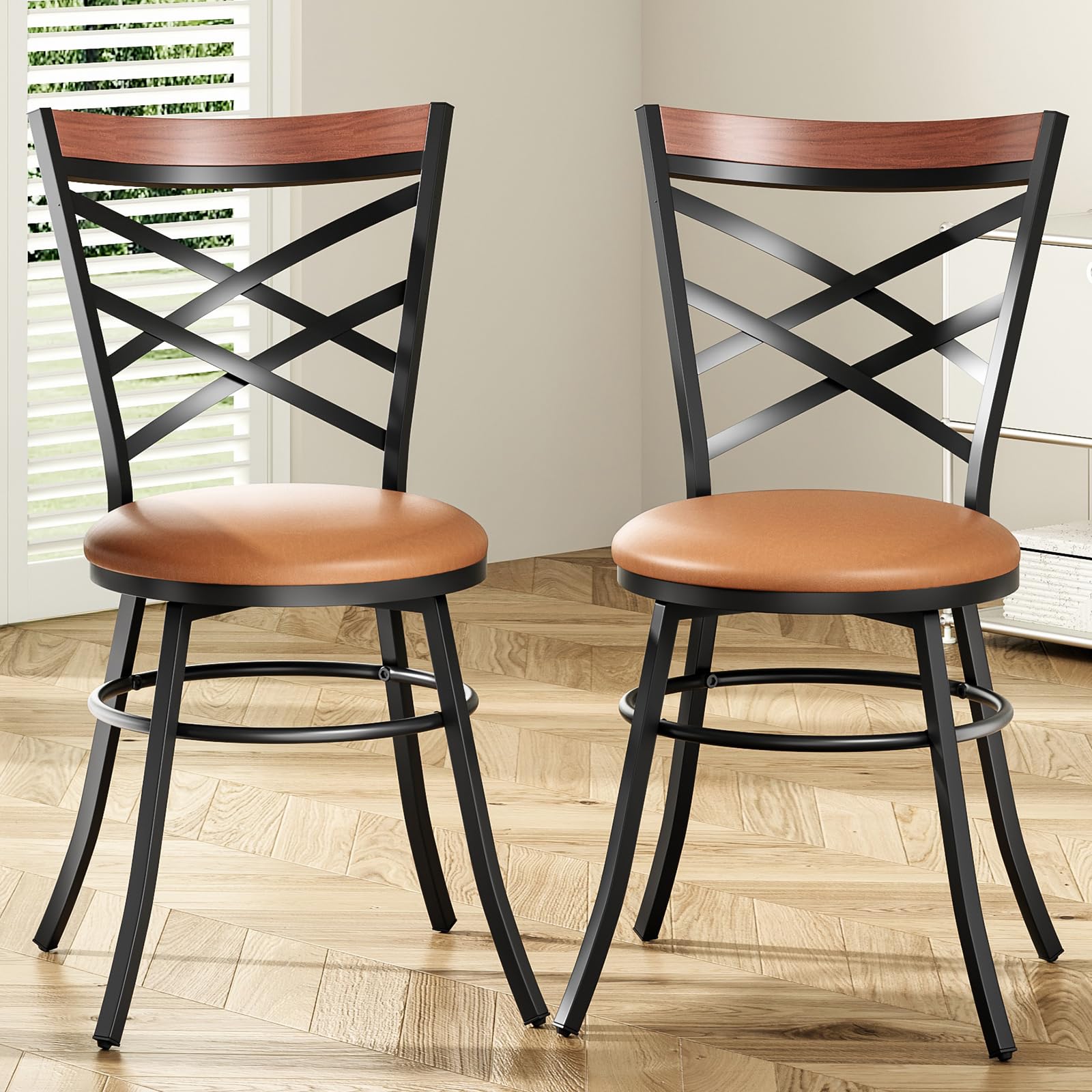 Soohow Upholstered Set of 2, Faux Leather Cushion Mid Century X Back Comfortable Swivel Room Retro Set,350LB,Whisky, Dining Chairs 2 PCS, Whiskey Brown