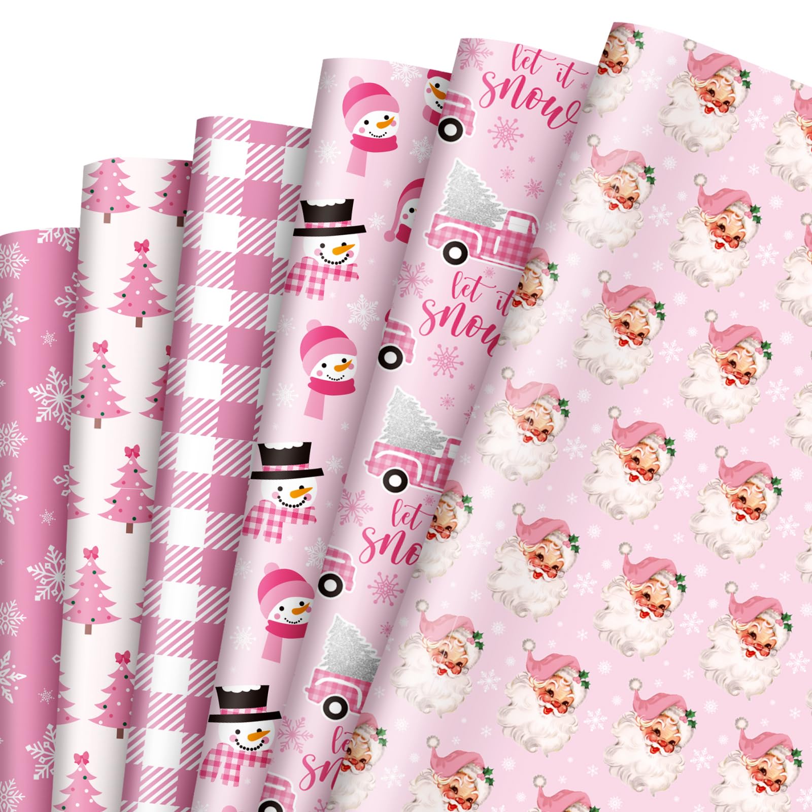Whaline 12 Sheet Pink Christmas Wrapping Paper Winter Pink Gift Wrap Paper Xmas Tree Santa Snowman Snowflake Folded Flat DIY Craft Art Paper for Party Decor Supplies, 19.7 x 27.6 Inch