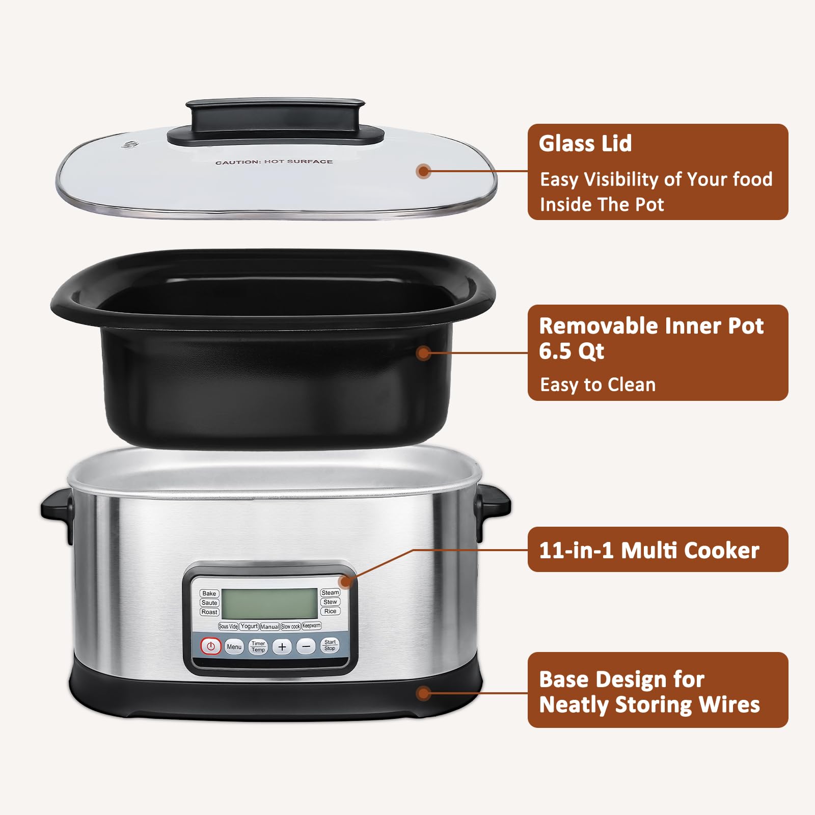 spoonlemon 6.5Qt 11-in-1 Multi Cooker, Digital Programmable Slow Cooker With Bake, Sauté, Roast, and Sous Vide functions, 1500W Timer&Temp Control,Dishwasher Safe Lid&Nonstick Inner Pot