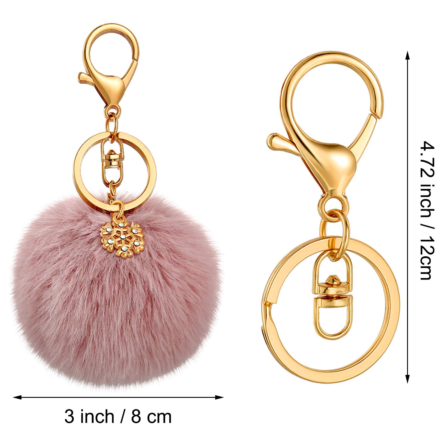 Yaomiao 4 Pieces 3 Inch Pom Pom Keychains Faux Fur Pompom Ball Keyrings with Snowflake (Black, Gray, White, Pink)