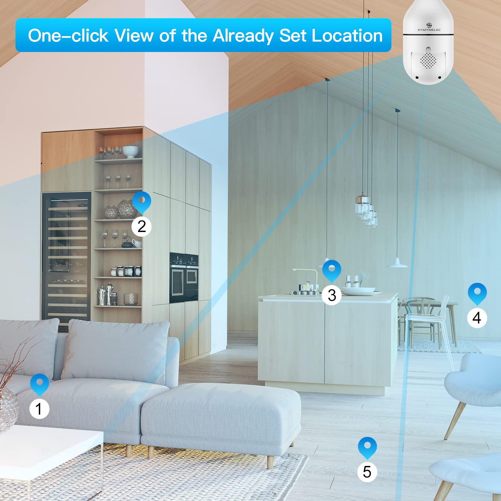 SYMYNELEC Light Bulb Security Camera 2K, 2.4GHz Wireless WiFi Light Socket Security Cameras, 360° Pan/Tilt Smart Lightbulb Cam Human Motion Detection Alarm Color Night Vision Works with Alexa Google