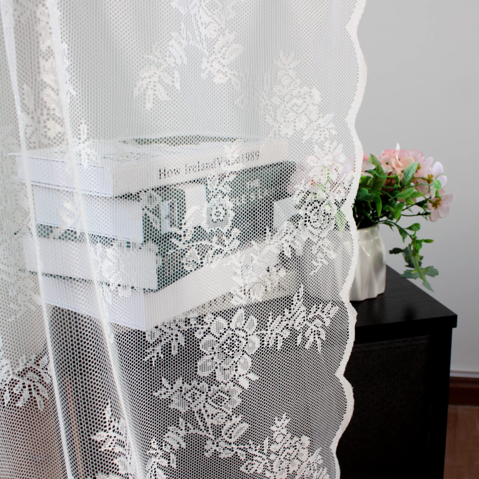 Zhh Sheer Lace Valance Kitchen Short Curtain White Grid Flower Curtain for Window Bedroom Livingroom Decor 23 by 57-Inch, 1 Panel