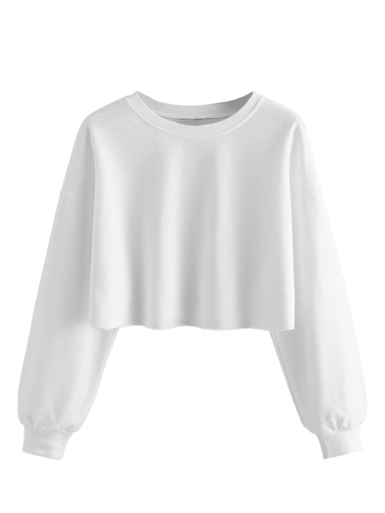 SweatyRocks Women's Casual Long Sleeve Raw Hem Pullover Crop Tops Sweatshirt White XS