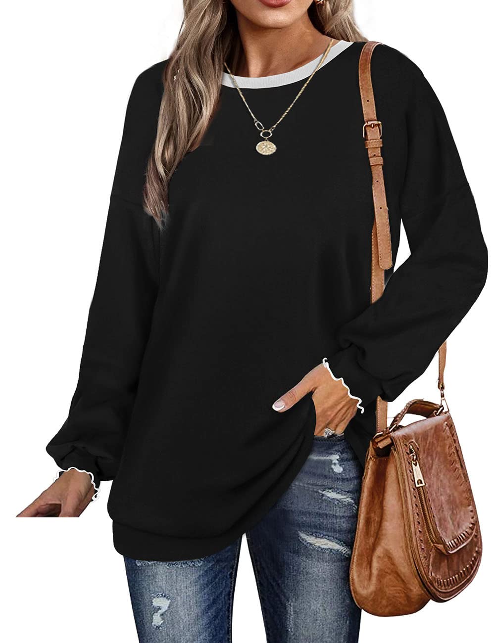 Sousuoty Black Crewneck Sweatshirt Women Cute Oversized Sweaters Color Block S
