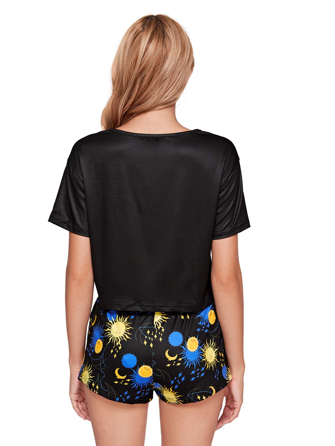 SweatyRocks Women's Cute Graphic Print Short Sleeve Crop Top with Shorts Pajama Set Black L